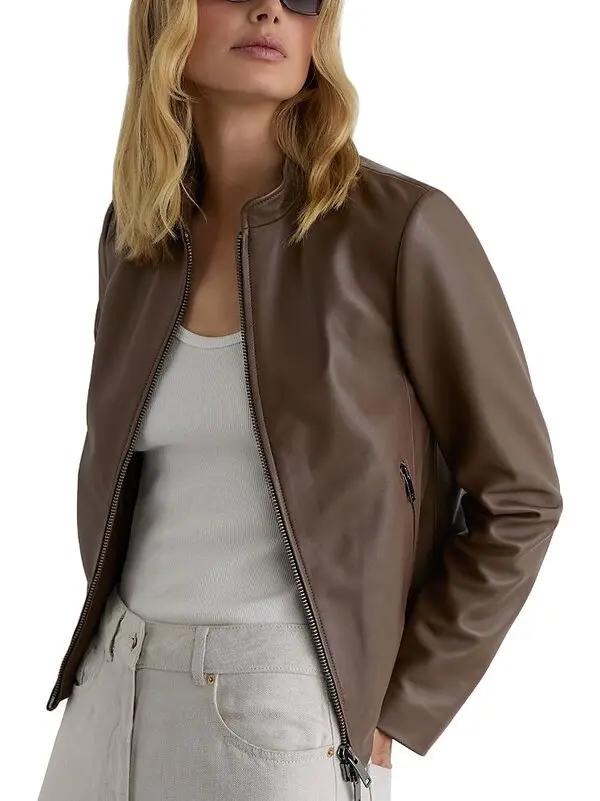 REISS Allie Leather Jacket - Taupe Neutral