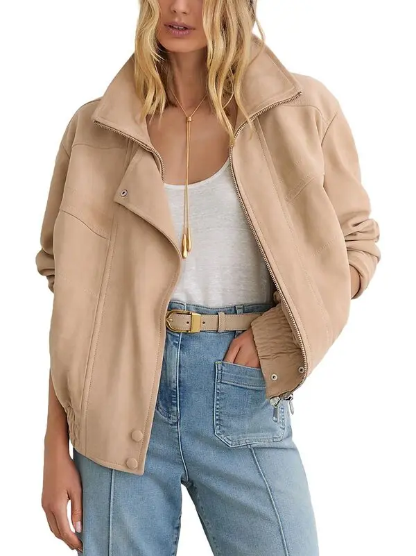 REISS Petra Leather Jacket - Neutral
