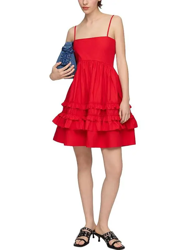 GANNI Cotton Poplin Mini Dress With Ruffles - Racing Red