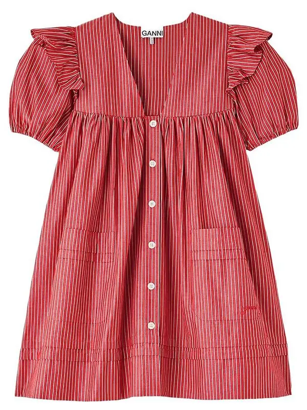 GANNI Striped Cotton Mini Dress With Ruffled Sleeves - High Risk