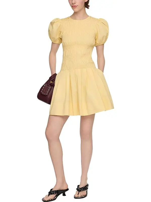GANNI Cotton Mini Dress With Puff Sleeves - Italian Straw
