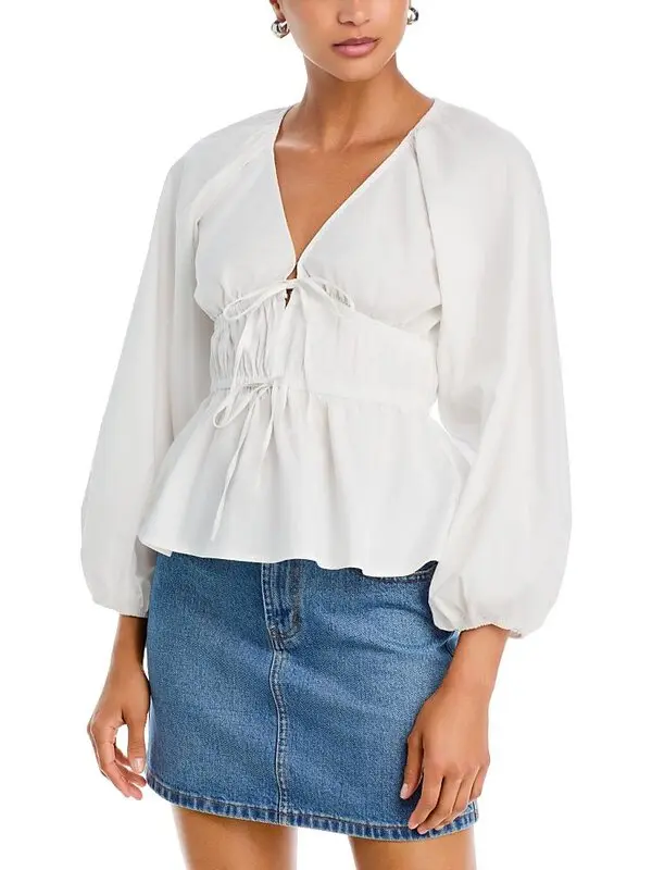 WAYF Ruched Cotton Blend Top With Tie Detail - Ivory