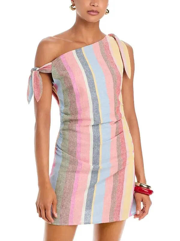 WAYF Bahia Mini Dress One Shoulder, Striped, Linen Blend - Summer Stripe