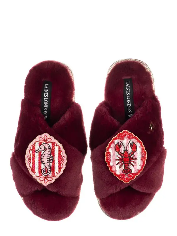 LAINES LONDON Embellished Faux Fur Cross Strap Slippers - Red