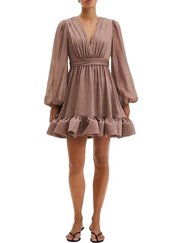 MALINA Jadie V-neck Ruffled Mini Dress - Taupe