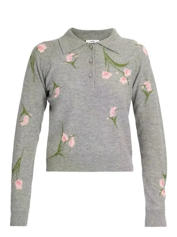 Erdem Floral Intarsia Knit Polo Sweater - Grey