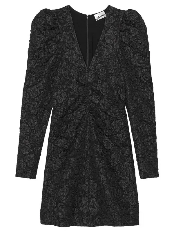 GANNI Jacquard V-neck Mini Dress With Balloon Sleeves - Black