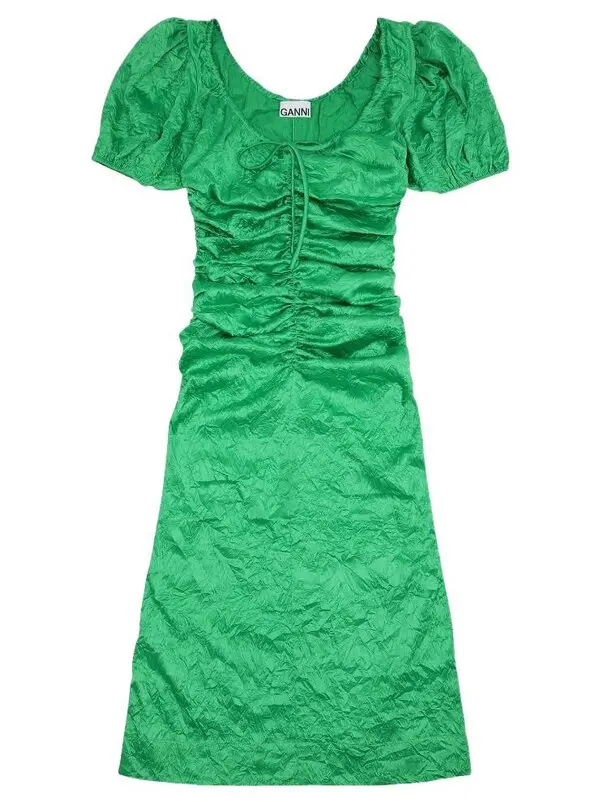GANNI Crinkled Satin Midi Dress - Green