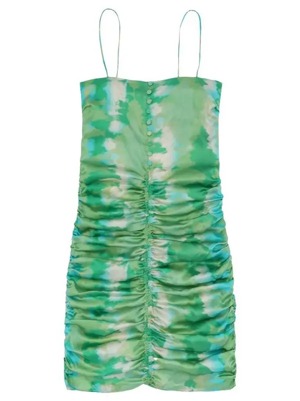 GANNI Silk Stretch Satin Mini Dress With Watercolor Print - Green