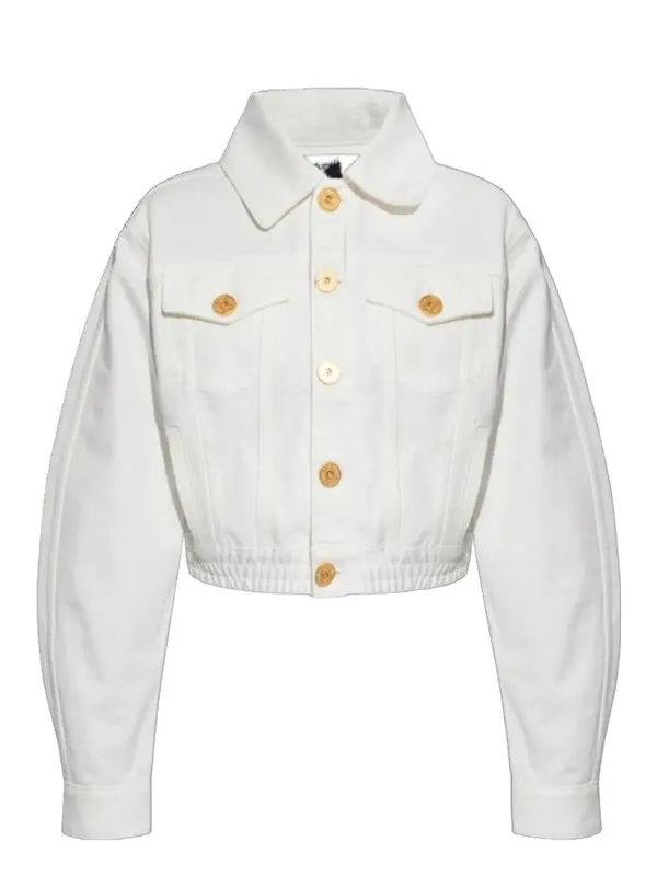 Balmain Cropped Denim Jacket With Logo Buttons - White