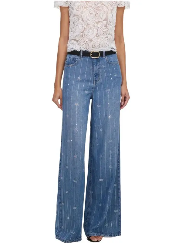 SELF-PORTRAIT Rhinestone Embellished Bow Print Jeans - Blue