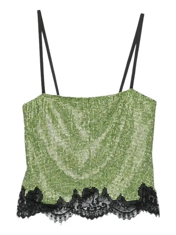 SELF-PORTRAIT Rhinestone Embellished Lace Trim Top - Green