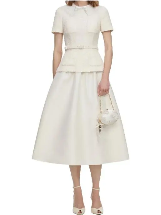 SELF-PORTRAIT Bouclé-knit Belted Midi Dress - Cream