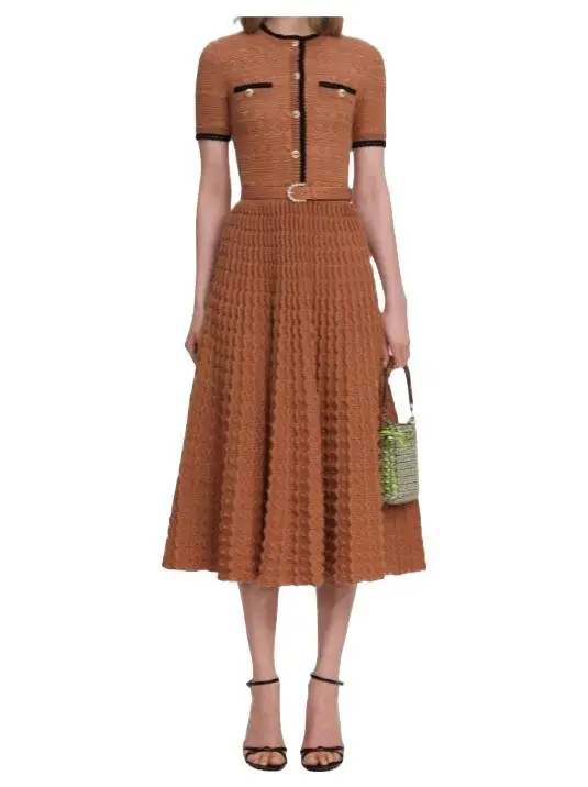 SELF-PORTRAIT Belted Crochet-knit Midi Dress - Brown