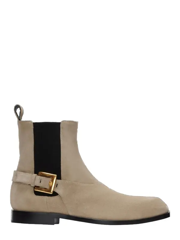 Balmain Suede Leather Chelsea Boots With Gold Buckle Detail - Brown