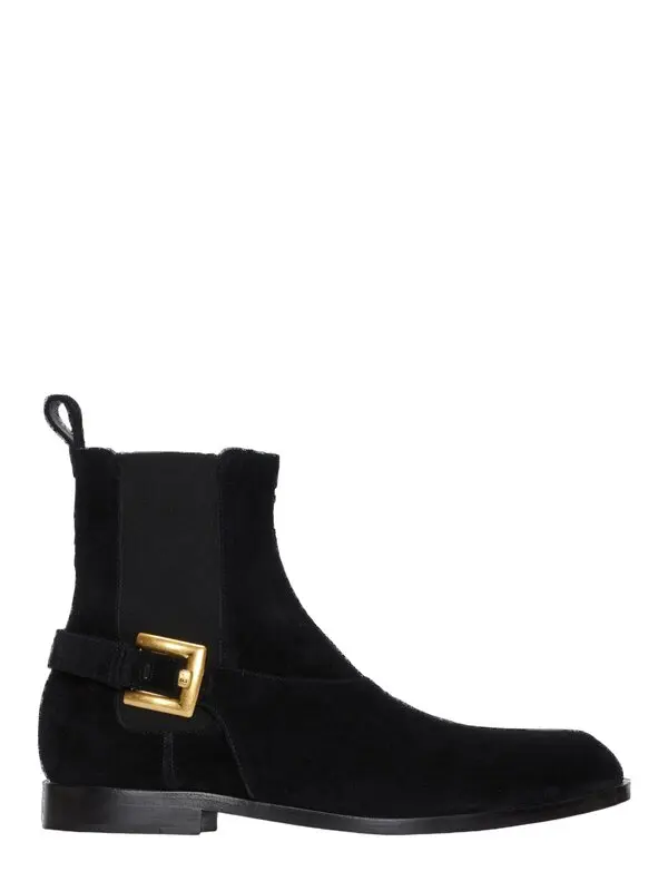 Balmain Suede Leather Chelsea Boots With Gold Tone Buckle - Black