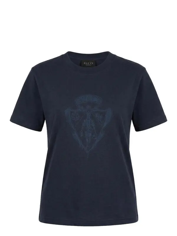 Gucci Cotton Jersey T-shirt With Crest Devoré Print - Navy
