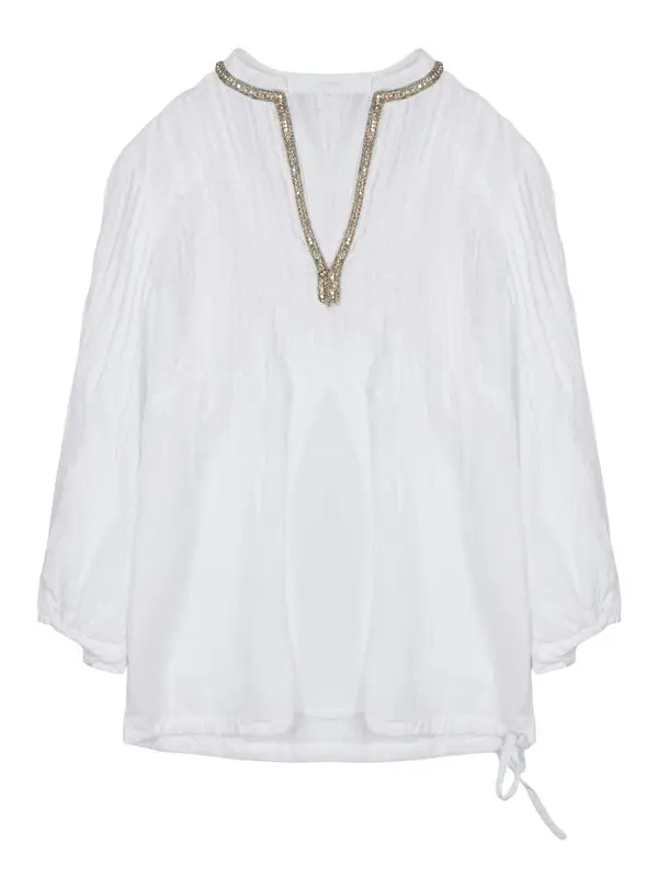 120% Lino Embellished Linen Blouse - White