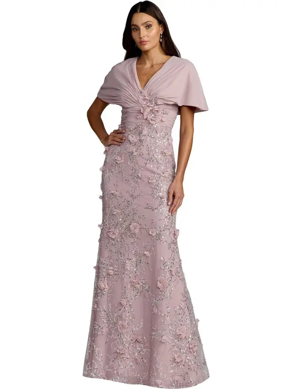 Mac Duggal Embellished Draped Cape Sleeve Gown - Rose