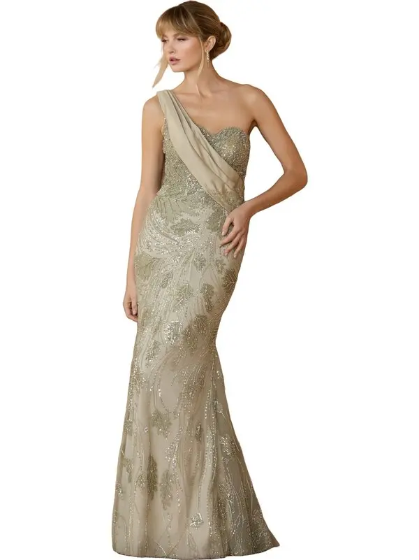 MAC DUGGAL COLLECTION One Shoulder Draped Mermaid Gown - Sage