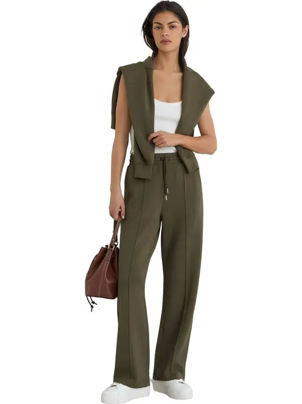 REISS Jemma Premium Interlock Wide-leg Joggers - Khaki Green