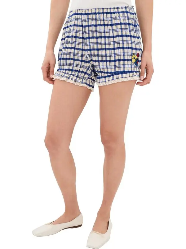 LISA SAYS GAH Franny Bloomers Embroidered Checkered Cotton Shorts - Cornflower