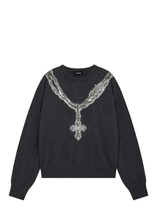 We11Done Long-sleeve Wool Knit Sweater With Faux Pearl Cross Necklace - Charcoal-grey