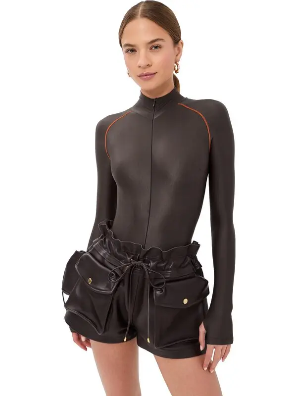 LAQUAN SMITH Long Sleeve Bodysuit With Contrast Stitching - Chocolate/orange