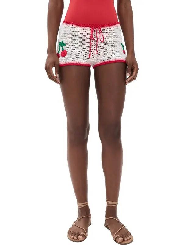 LESLIE AMON Ruby Crochet Shorts With Cherry Appliqu - White And Red