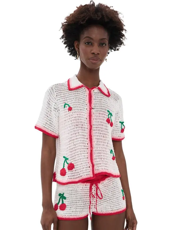 LESLIE AMON Ruby Crochet Shirt - White And Red