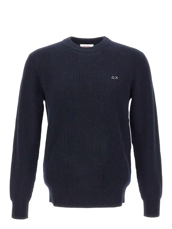 SUN 68 Ribbed Crew Neck Knitted Sweater With Embroidered Logo - Black