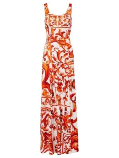 Dolce & Gabbana Majolica Print Organza Maxi Dress - Nude