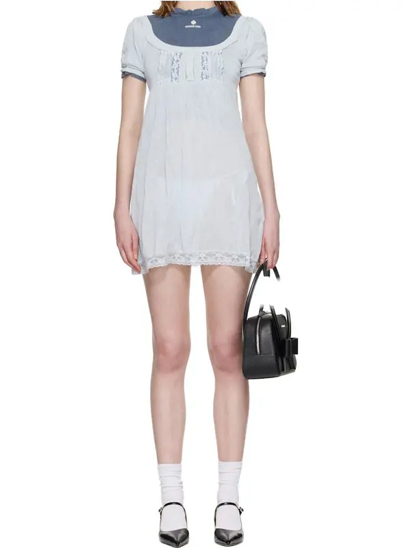 SHUSHU/TONG Short Sleeve Dress With Lace Trim And Puff Sleeves - Blue