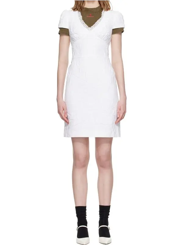 SHUSHU/TONG Crinkled V-neck Lace Trim Dress - White