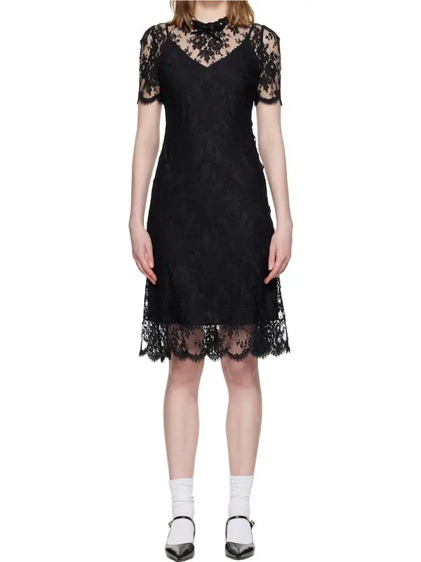 SHUSHU/TONG Short Sleeve Lace Dress With Ruffled Neckline - Black