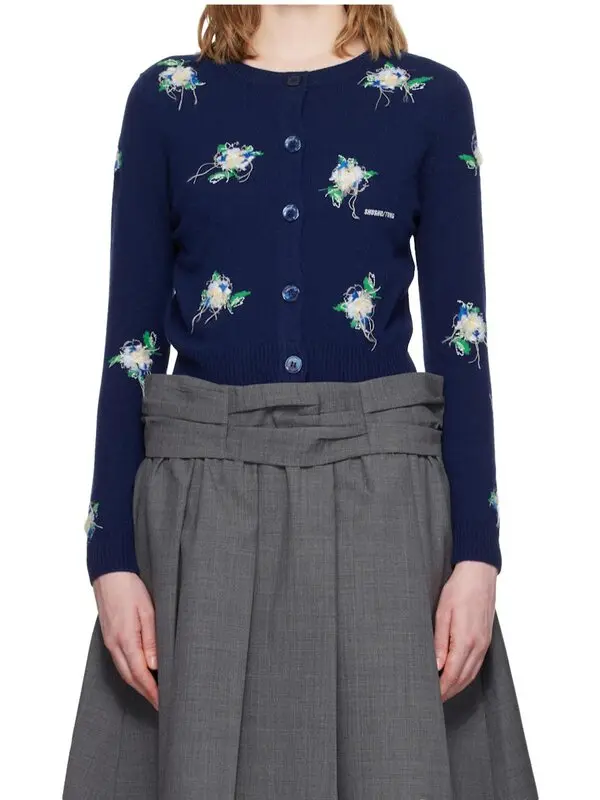 SHUSHU/TONG Long Sleeve Floral Cardigan - Navy Blue