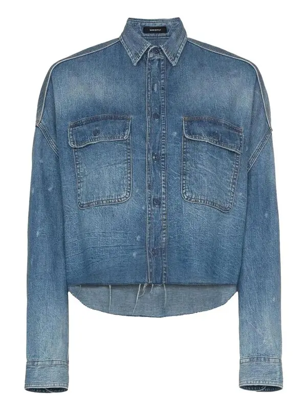 R13 Distressed Cropped Denim Shirt - Blue