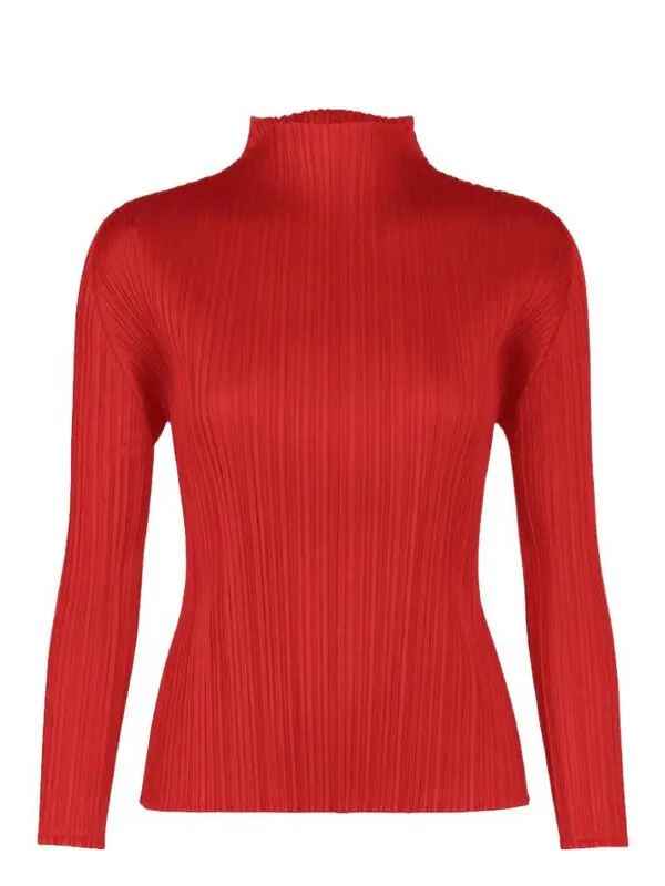 PLEATS PLEASE BY ISSEY MIYAKE High Neck Long Sleeve Pleated Top - Red