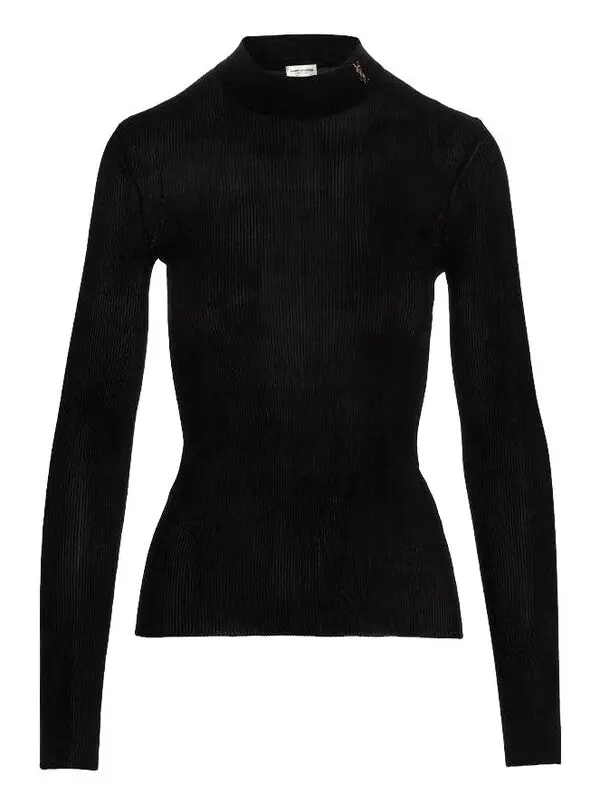 Saint Laurent Cassandre Ribbed Stand-collar Long-sleeved Blouse - Black