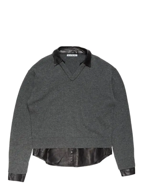 Acne Studios V-neck Sweater With Faux Two-piece Design And Leather Trim - Black