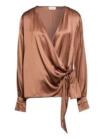 OTTOD'AME Satin Draped Neckline Long Sleeve Wrap Top - Brown