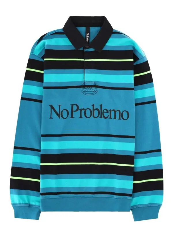 NO PROBLEMO Striped Long Sleeve Polo - Azure