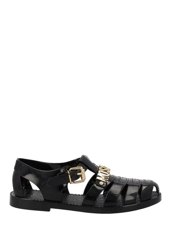 Moschino Jelly Sandals With Gold Tone Logo Detailing - Black