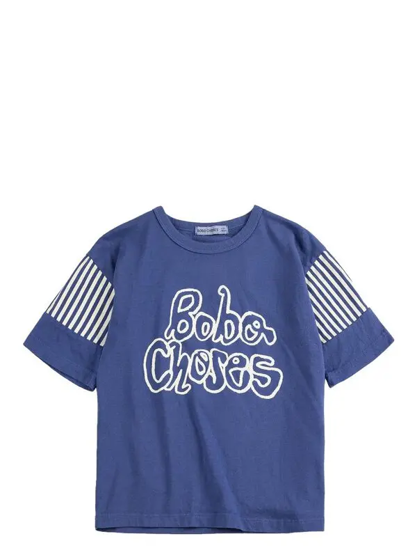 BOBO CHOSES Organic Cotton Logo T-shirt With Striped Sleeves - Blue
