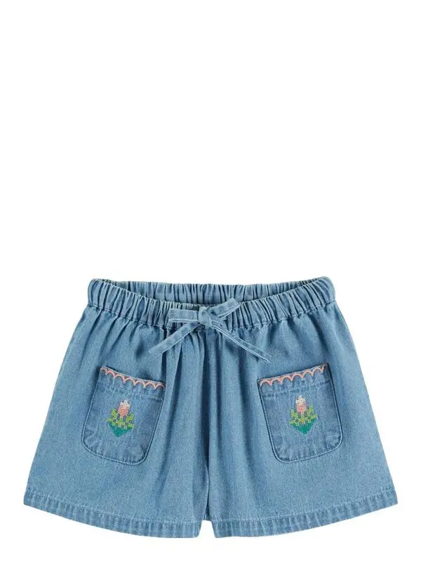 EMILE & IDA Embroidered Denim Bermuda Shorts - Blue
