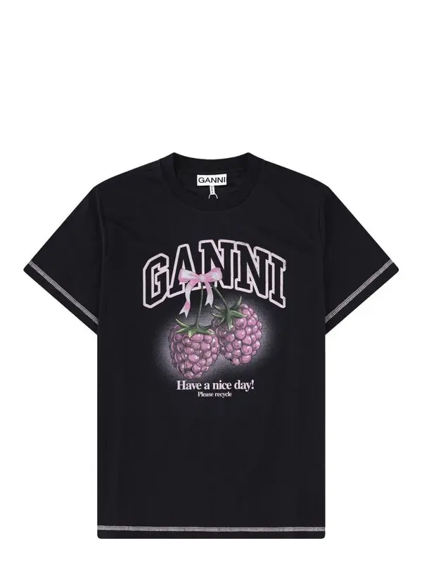 GANNI Organic Cotton T-shirt With Graphic Print - Black