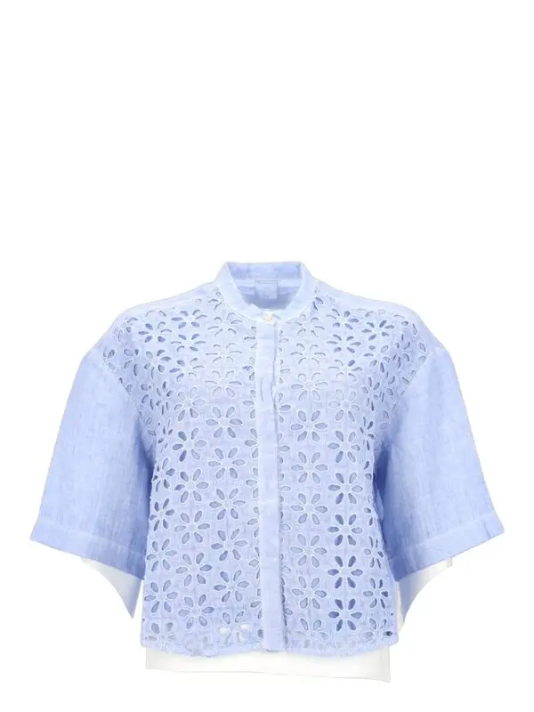 120% Lino Embroidered Cropped Shirt - Baby Blue
