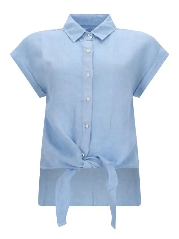 120% Lino Blue Linen Shirt With Front Knot Detail - Azure