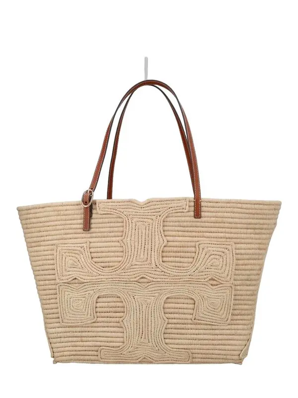 Tory Burch Raffia Tote Bag With Embossed Logo - Beige
