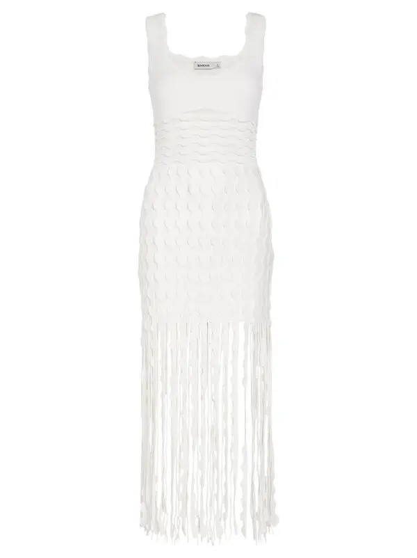Simkhai Brionne Scalloped Knit Midi Dress With Fringe - Ivory